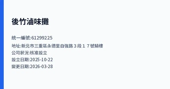 後竹滷味攤的照片-統編 61299225(新北市) 公司登記資料與營業項目詳細圖表
