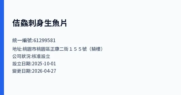 佶鱻刺身生魚片的照片-統編 61299581(桃園市) 公司登記資料與營業項目詳細圖表