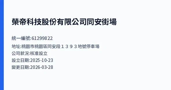 榮帝科技股份有限公司同安街場的照片-統編 61299822(桃園市) 公司登記資料與營業項目詳細圖表
