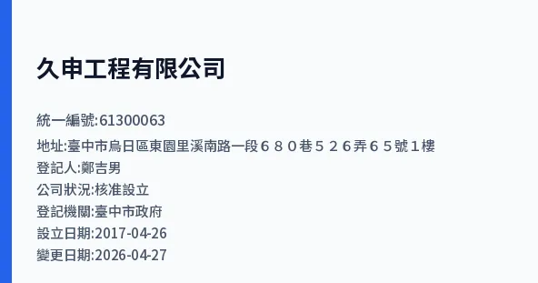 久申工程有限公司的照片-統編 61300063(臺中市) 公司登記資料與營業項目詳細圖表