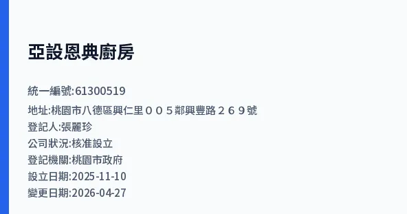 亞設恩典廚房的照片-統編 61300519(桃園市) 公司登記資料與營業項目詳細圖表