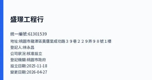 盛璟工程行的照片-統編 61301539(桃園市) 公司登記資料與營業項目詳細圖表