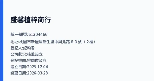 盛馨植粹商行的照片-統編 61304466(桃園市) 公司登記資料與營業項目詳細圖表