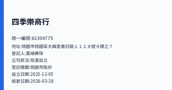 四季樂商行的照片-統編 61304775(桃園市) 公司登記資料與營業項目詳細圖表