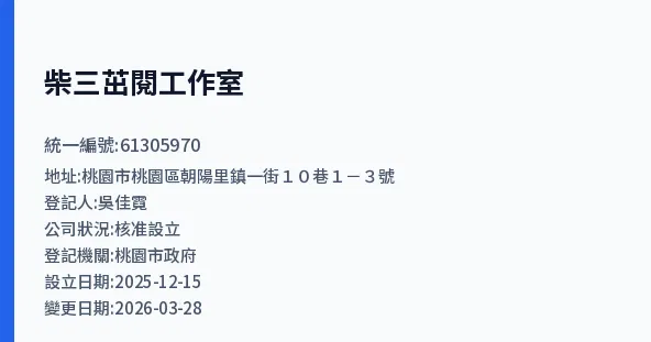 柴三茁閱工作室的照片-統編 61305970(桃園市) 公司登記資料與營業項目詳細圖表