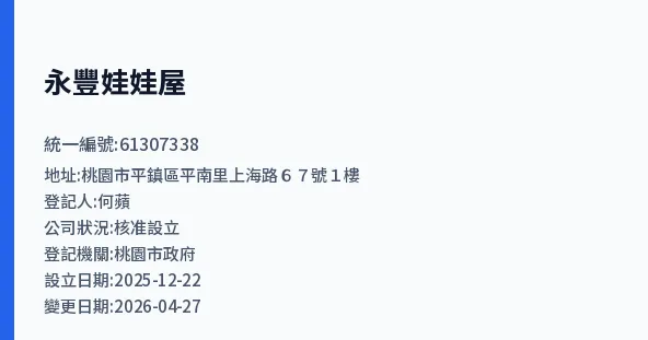 永豐娃娃屋的照片-統編 61307338(桃園市) 公司登記資料與營業項目詳細圖表