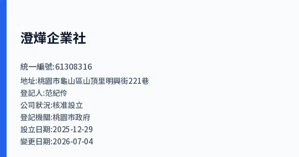 澄燁企業社的照片-統編 61308316(桃園市) 公司登記資料與營業項目詳細圖表