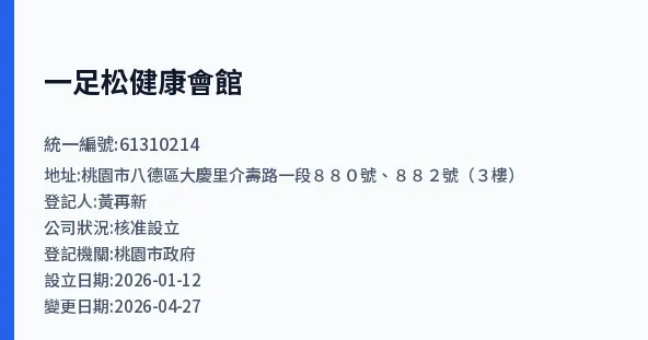 一足松健康會館的照片-統編 61310214(桃園市) 公司登記資料與營業項目詳細圖表