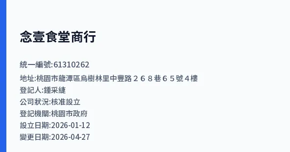 念壹食堂商行的照片-統編 61310262(桃園市) 公司登記資料與營業項目詳細圖表