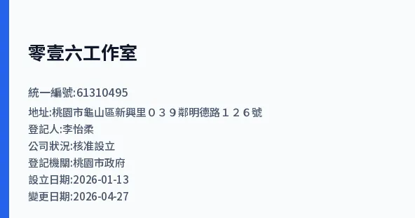 零壹六工作室的照片-統編 61310495(桃園市) 公司登記資料與營業項目詳細圖表
