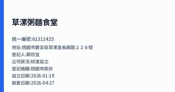 草漯粥麵食堂的照片-統編 61311425(桃園市) 公司登記資料與營業項目詳細圖表