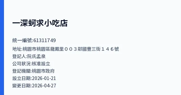 一深蚵求小吃店的照片-統編 61311749(桃園市) 公司登記資料與營業項目詳細圖表