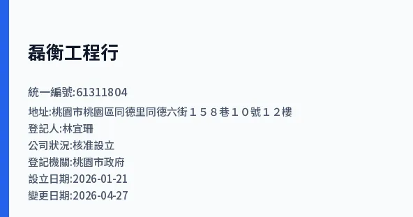 磊衡工程行的照片-統編 61311804(桃園市) 公司登記資料與營業項目詳細圖表