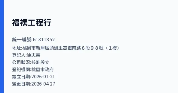 福禩工程行的照片-統編 61311852(桃園市) 公司登記資料與營業項目詳細圖表