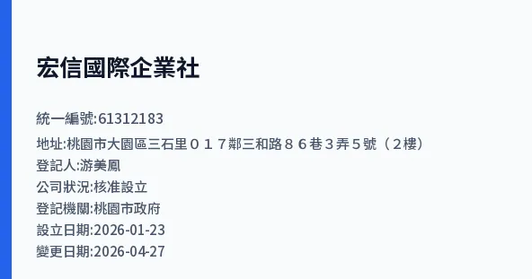 宏信國際企業社的照片-統編 61312183(桃園市) 公司登記資料與營業項目詳細圖表