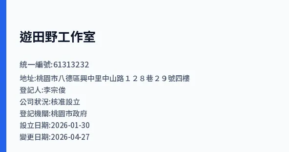 遊田野工作室的照片-統編 61313232(桃園市) 公司登記資料與營業項目詳細圖表