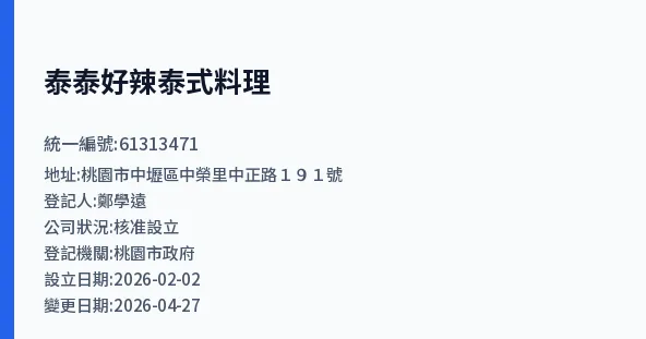 泰泰好辣泰式料理的照片-統編 61313471(桃園市) 公司登記資料與營業項目詳細圖表