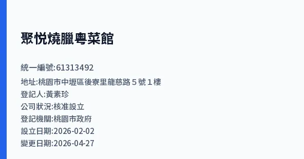 聚悦燒臘粵菜館的照片-統編 61313492(桃園市) 公司登記資料與營業項目詳細圖表