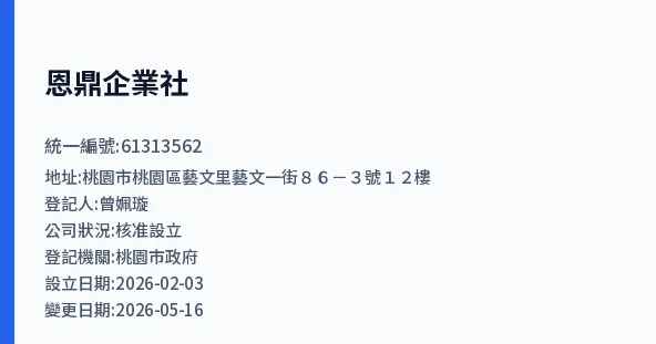 恩鼎企業社的照片-統編 61313562(桃園市) 公司登記資料與營業項目詳細圖表