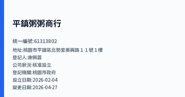 平鎮粥粥商行的照片-統編 61313802(桃園市) 公司登記資料與營業項目詳細圖表