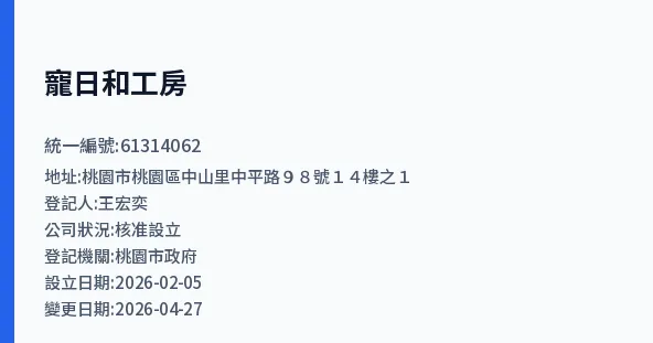 寵日和工房的照片-統編 61314062(桃園市) 公司登記資料與營業項目詳細圖表