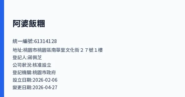 阿婆飯糰的照片-統編 61314128(桃園市) 公司登記資料與營業項目詳細圖表