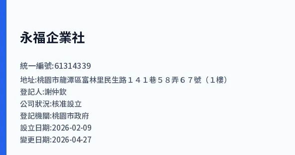 永福企業社的照片-統編 61314339(桃園市) 公司登記資料與營業項目詳細圖表