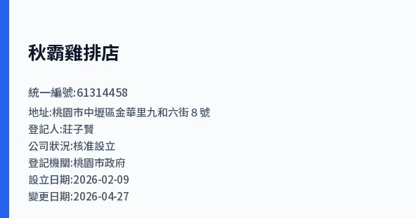 秋霸雞排店的照片-統編 61314458(桃園市) 公司登記資料與營業項目詳細圖表