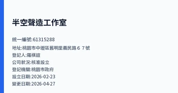 半空聲造工作室的照片-統編 61315288(桃園市) 公司登記資料與營業項目詳細圖表