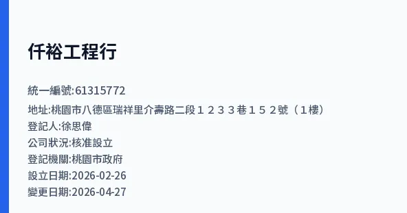 仟裕工程行的照片-統編 61315772(桃園市) 公司登記資料與營業項目詳細圖表