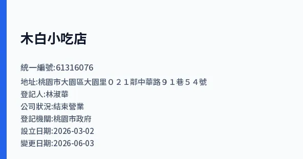 木白小吃店的照片-統編 61316076(桃園市) 公司登記資料與營業項目詳細圖表