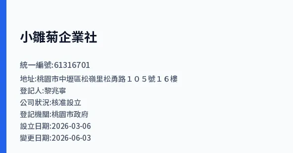 小雛菊企業社的照片-統編 61316701(桃園市) 公司登記資料與營業項目詳細圖表