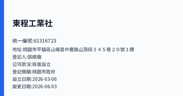 東程工業社的照片-統編 61316723(桃園市) 公司登記資料與營業項目詳細圖表