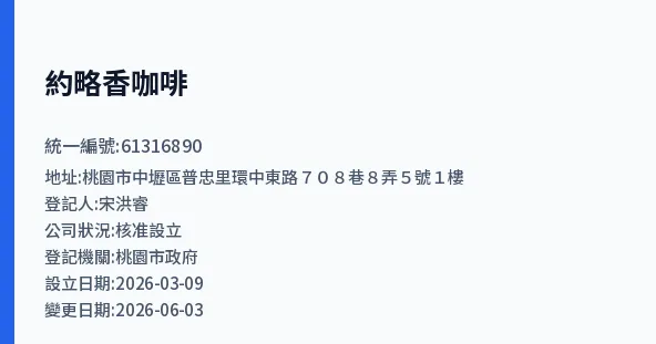 約略香咖啡的照片-統編 61316890(桃園市) 公司登記資料與營業項目詳細圖表