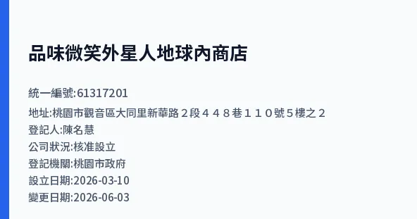 品味微笑外星人地球內商店的照片-統編 61317201(桃園市) 公司登記資料與營業項目詳細圖表