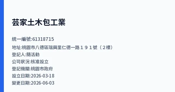 芸家土木包工業的照片-統編 61318715(桃園市) 公司登記資料與營業項目詳細圖表