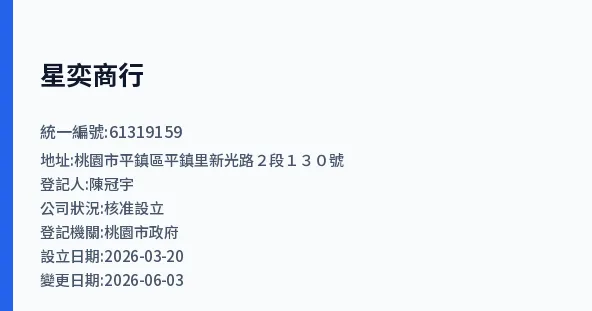 星奕商行的照片-統編 61319159(桃園市) 公司登記資料與營業項目詳細圖表