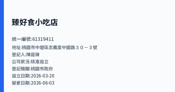 臻好食小吃店的照片-統編 61319411(桃園市) 公司登記資料與營業項目詳細圖表