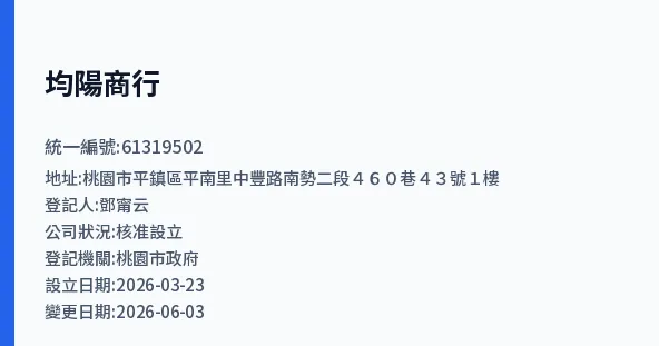 均陽商行的照片-統編 61319502(桃園市) 公司登記資料與營業項目詳細圖表