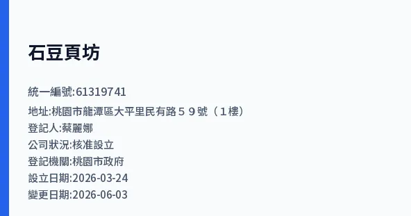 石豆頁坊的照片-統編 61319741(桃園市) 公司登記資料與營業項目詳細圖表