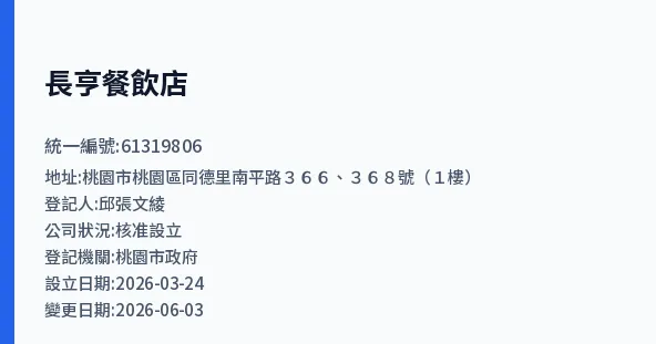 長亨餐飲店的照片-統編 61319806(桃園市) 公司登記資料與營業項目詳細圖表