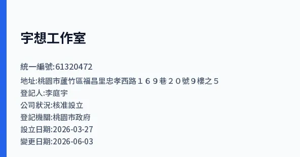 宇想工作室的照片-統編 61320472(桃園市) 公司登記資料與營業項目詳細圖表