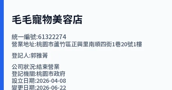 毛毛寵物美容店的照片-統編 61322274 公司登記資料與營業項目詳細圖表