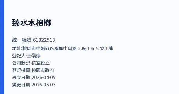 臻水水檳榔的照片-統編 61322513(桃園市) 公司登記資料與營業項目詳細圖表
