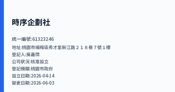 時序企劃社的照片-統編 61323246(桃園市) 公司登記資料與營業項目詳細圖表