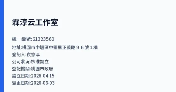 霖淳云工作室的照片-統編 61323560(桃園市) 公司登記資料與營業項目詳細圖表