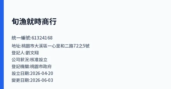 旬漁就時商行的照片-統編 61324168(桃園市) 公司登記資料與營業項目詳細圖表