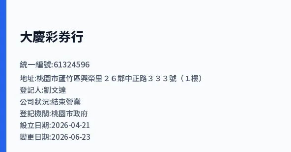 大慶彩券行的照片-統編 61324596 公司登記資料與營業項目詳細圖表