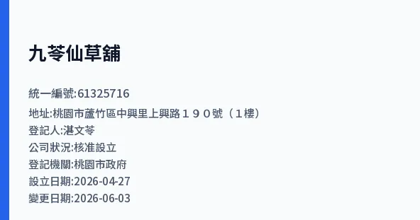 九苓仙草舖的照片-統編 61325716(桃園市) 公司登記資料與營業項目詳細圖表