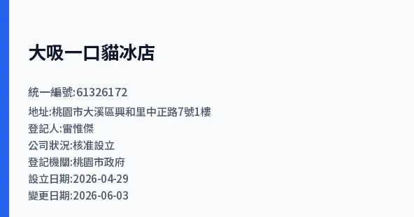 大吸一口貓冰店的照片-統編 61326172(桃園市) 公司登記資料與營業項目詳細圖表
